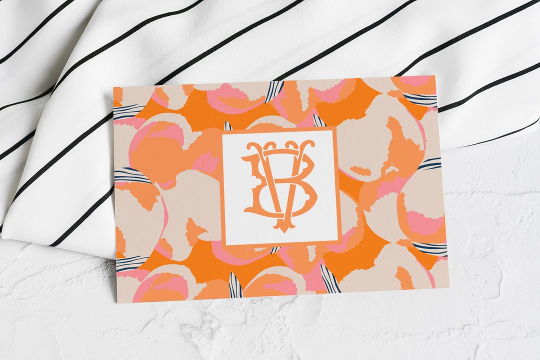 Monogrammed Pink and Orange Geometric Folded Stationery Cards, Girly ...