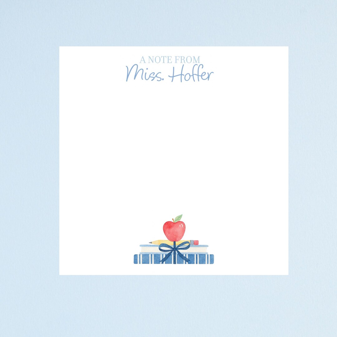 Custom Blue & White Teacher Note Pad, Watercolor Stack of Books Notepad ...