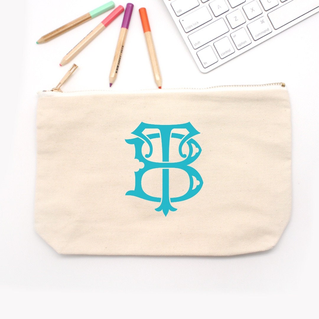 Custom Monogram Canvas Zip Pouch, Monogram Pouch, Custom Pencil Case ...