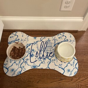 Chinoiserie Dog Bone Pet Mat, Blue and White Bone Shaped Dog Bowl Mat ...
