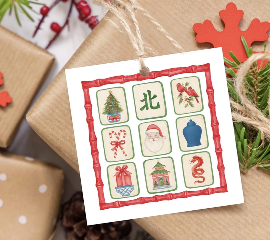 Chinoiserie Mahjong Tiles Christmas Gift Tags, Personalized Bamboo ...