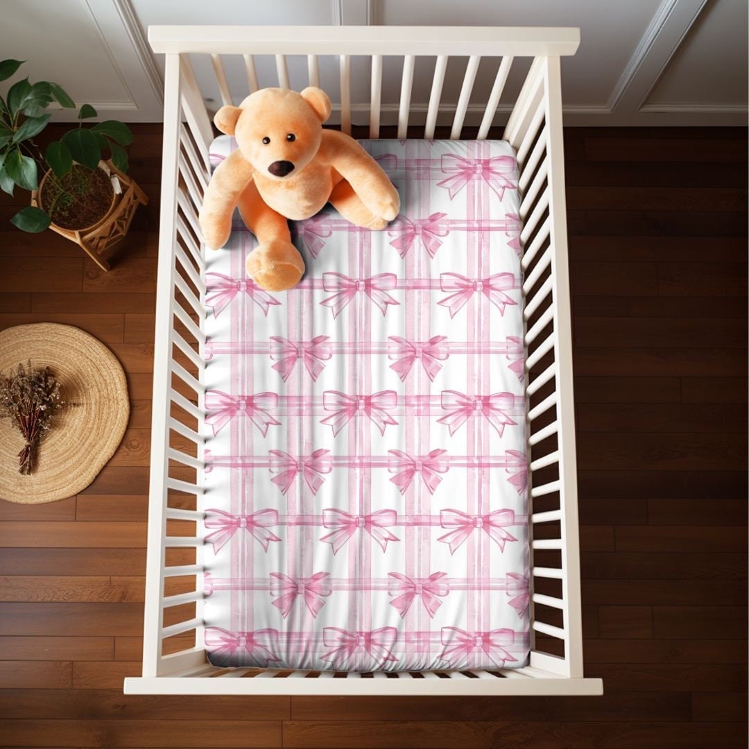 Pink and White Coquette Ribbon Crib Sheet, Bow Diaper Pad Cover, Pink ...