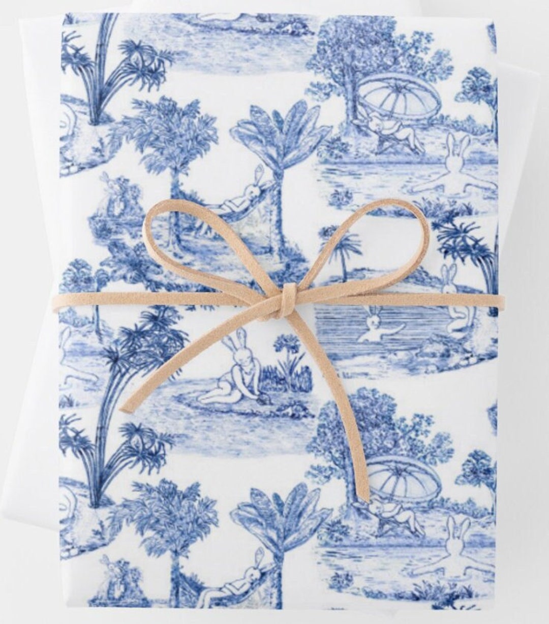 Blue and White Toile Wrapping Paper, Bunny Rabbit Toile Chinoiserie ...