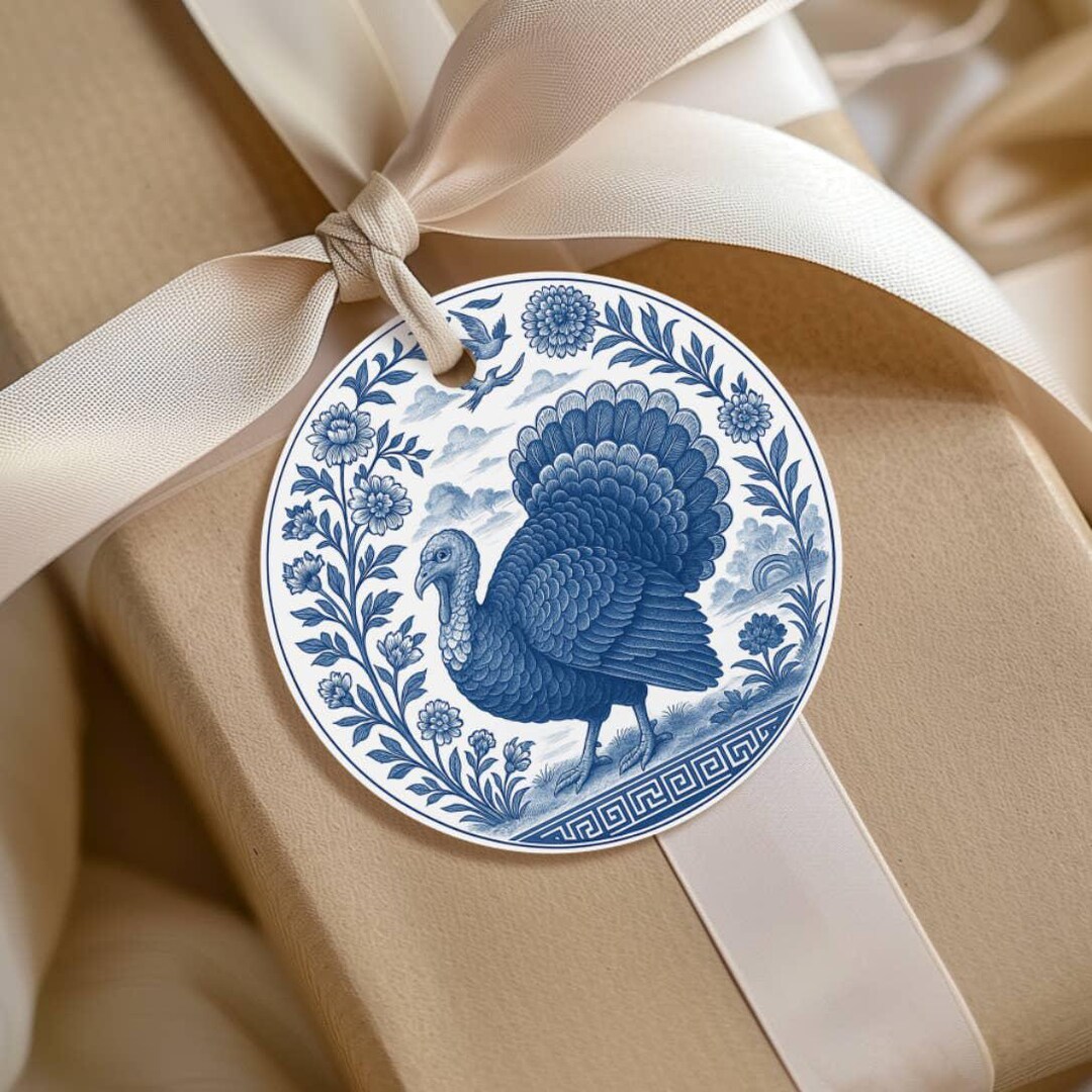 Blue & White Delft Thanksgiving Turkey Gift Tags, Personalized ...