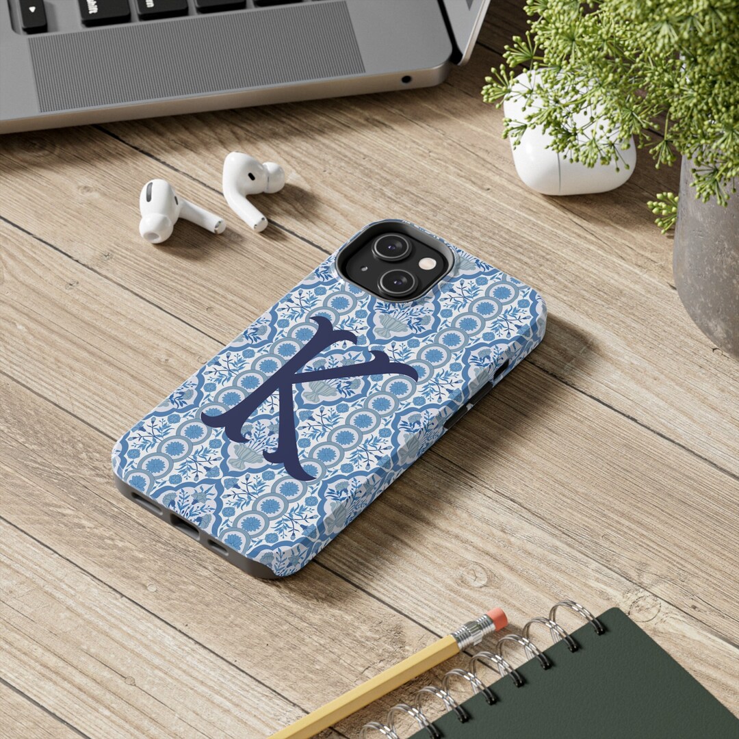 Blue & White Floral Block Print Monogram Phone Case, Grandmillenial ...