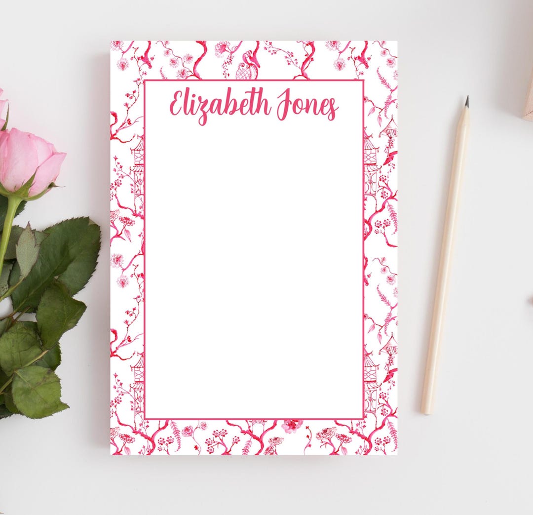 Personalized Pink Chinoiserie Note Pad, Pink and White Pagoda Monogram ...