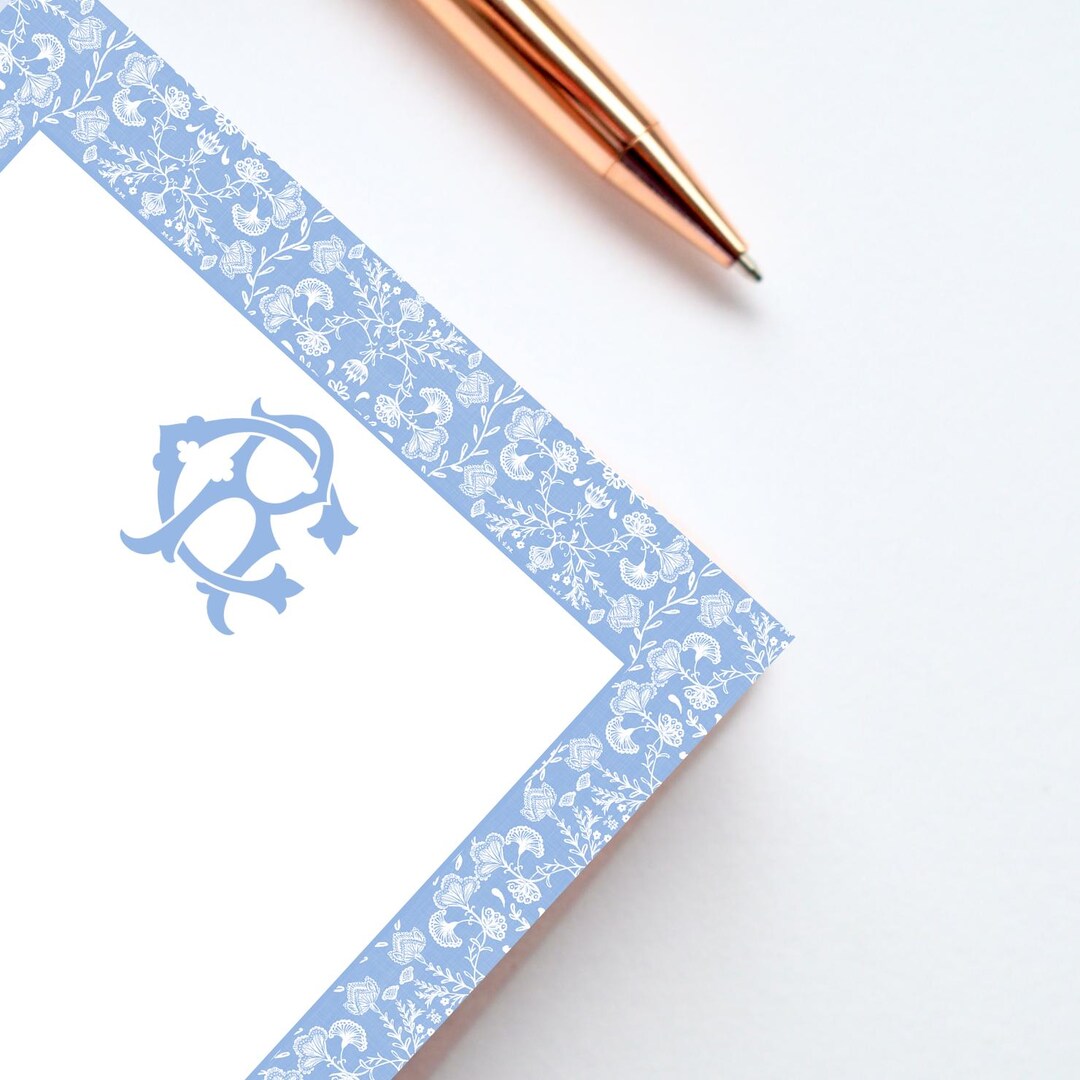 Blue and White Floral Chinoiserie Monogram Note Pad, Floral Vines ...