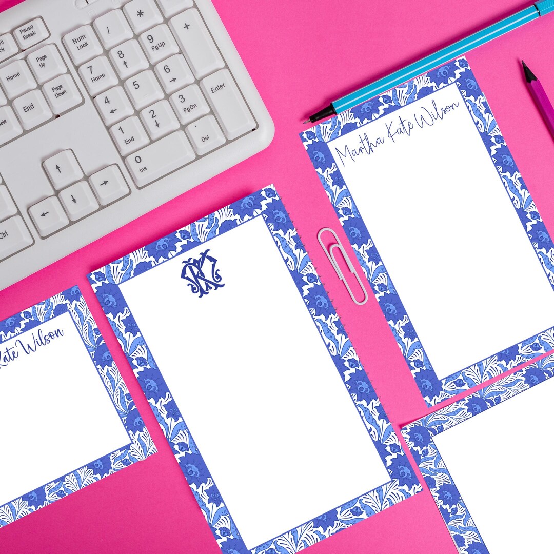 Monogram Blue and White Floral Notepad Set, Chinoiserie Floral Gifts ...