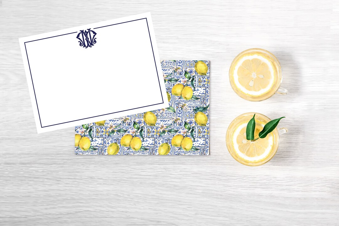 Blue and White Watercolor Lemon Tile Stationery Cards With Border ...