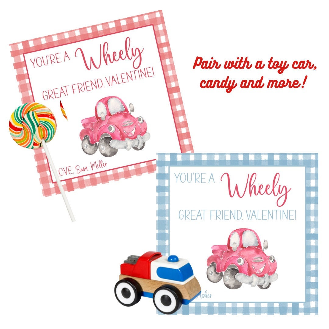 Wheely Great Friend Car Valentines Cards, Watercolor Gingham Boy ...