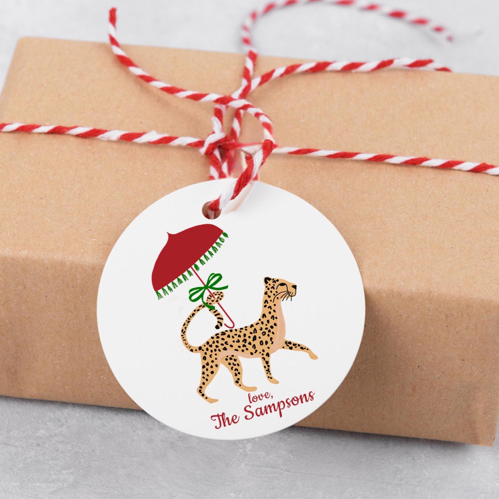 Christmas Cheetah Gift Tags, Personalized Cheetah With Umbrella ...