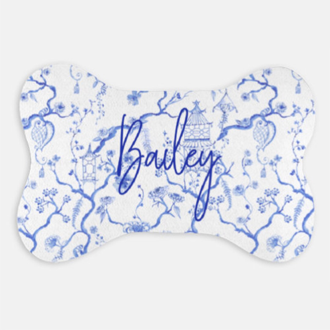 Chinoiserie Dog Bone Pet Mat, Blue and White Bone Shaped Dog Bowl Mat ...