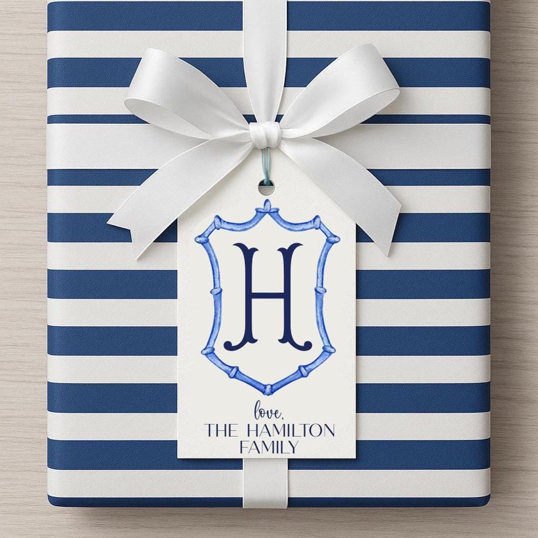 Bamboo Crest Monogrammed Gift Tags, Personalized Holiday Blue & White ...