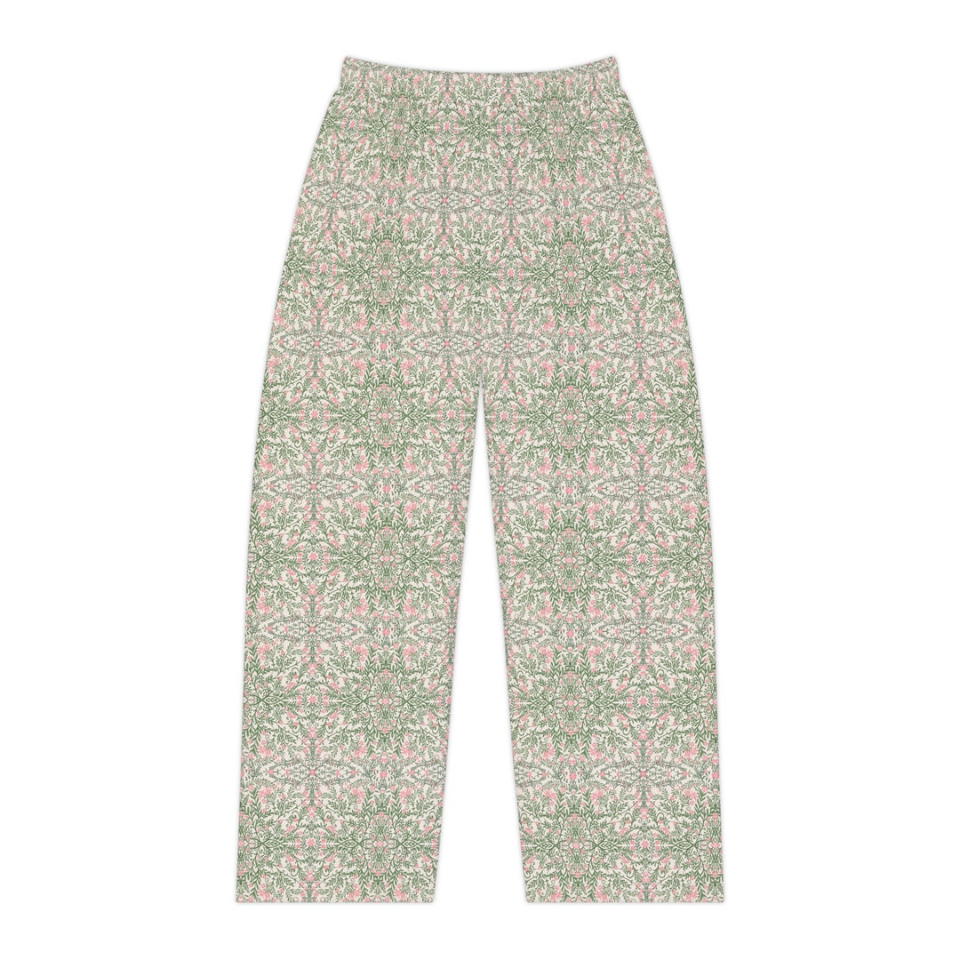 Pink & Green Floral Printed Women's Pajama Pants, Chinoiserie Floral PJ ...