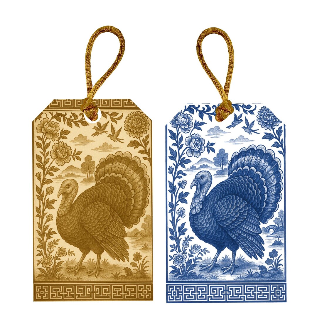 Delft Thanksgiving Turkey Gift Tags, Blue or Brown Personalized ...