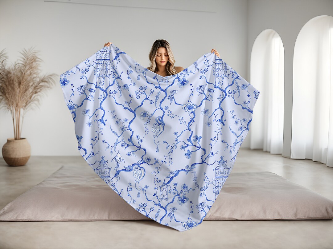 Chinoiserie Pagoda Velveteen Plush Blanket, Blue & White Blanket ...
