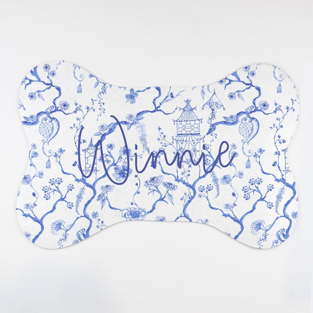 Chinoiserie Dog Bone Pet Mat, Blue and White Bone Shaped Dog Bowl Mat ...
