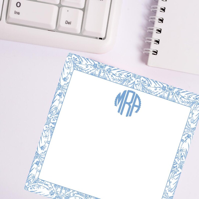 Blue & White Floral Monogram Square Notepad, Personalized Name Notepad ...