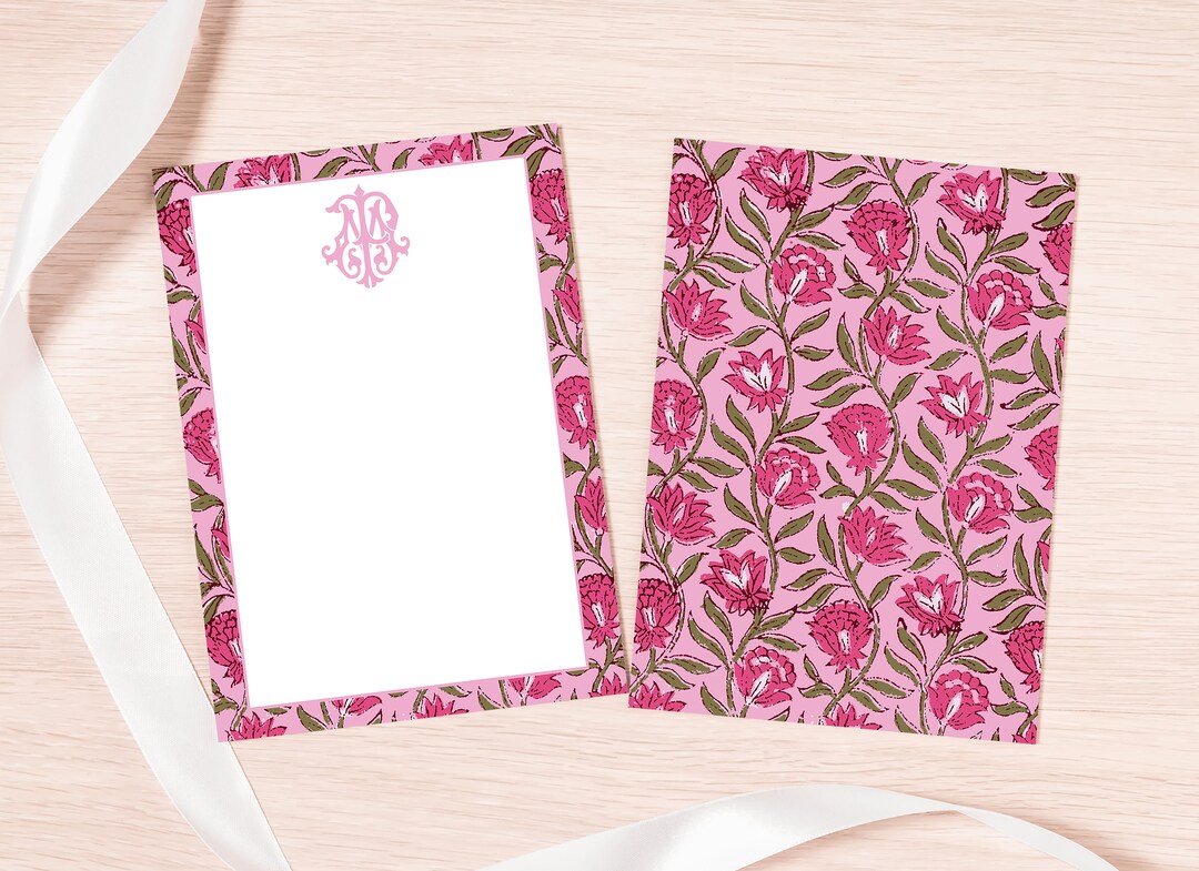 Monogram Flat Stationery Cards, Pink and White Floral Block Print Note ...