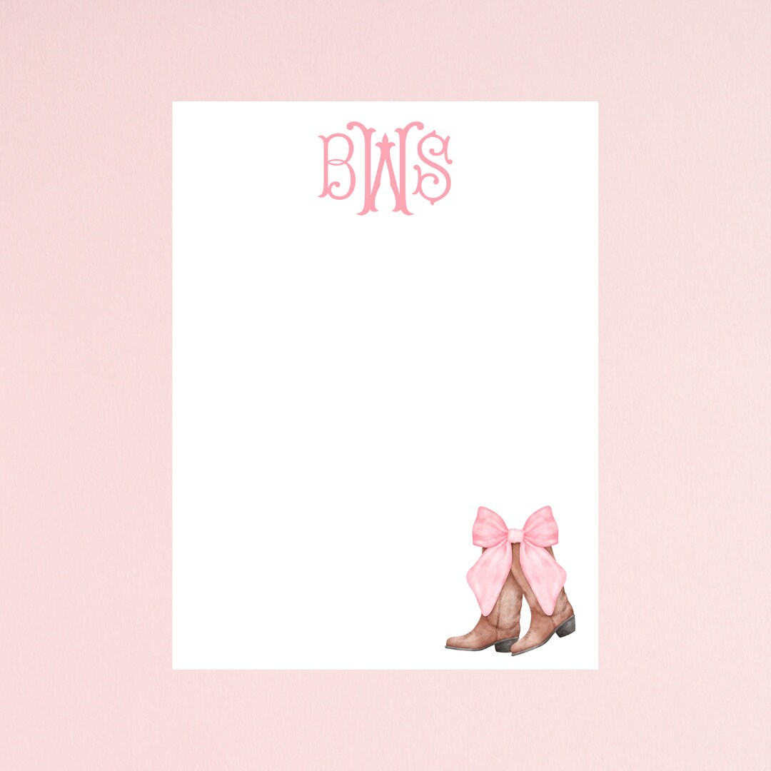 Pink Bow Cowgirl Boot Coquette Monogram Note Pad, Cowboy Boots Notepad ...