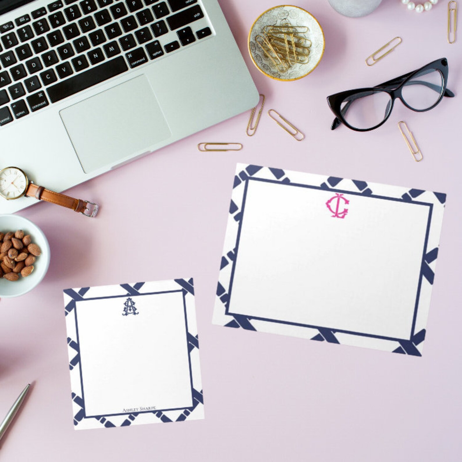 Navy Blue Bamboo Note Pad Monogram Sticky Notes Custom Two | Etsy