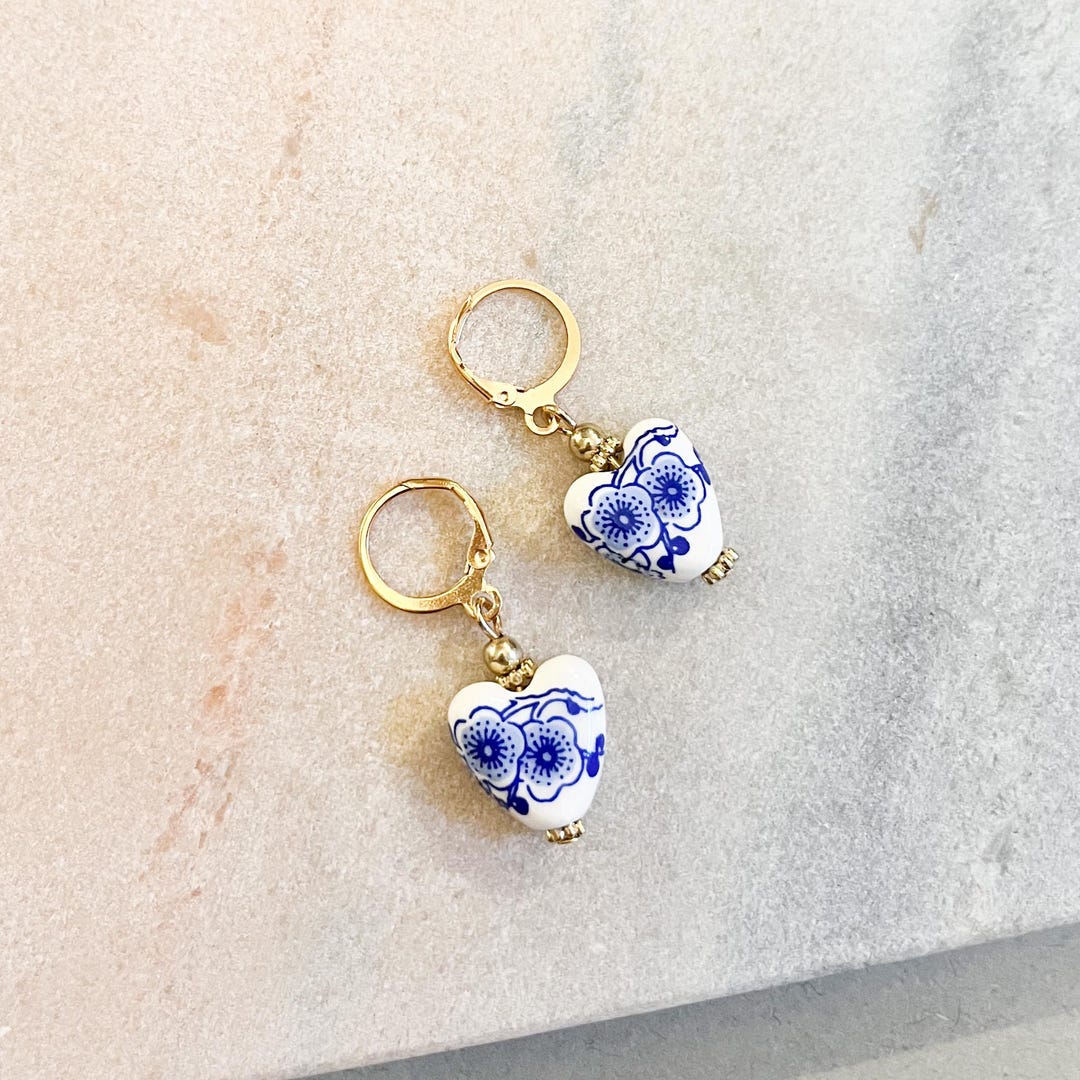 Romantic Blue and White Floral Heart Drop Earrings, Porcelain Delft ...