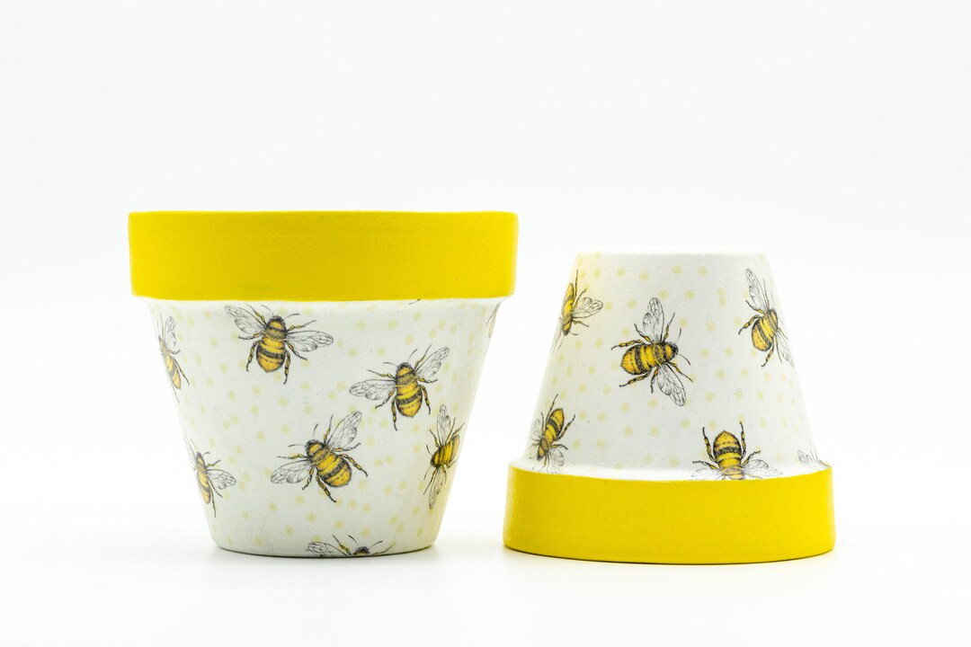 Bee Planter, Clay Plant Pot. Bumble Bee Pots, Yellow Garden Flower Pots ...