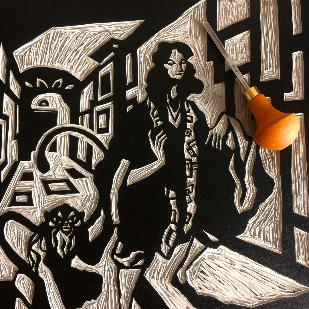 Portrait of a Woman in Linocut Inspired by His Dark Materials by Philip ...