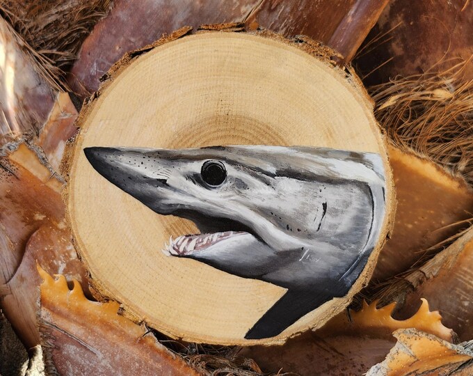 Shortfin Mako Shark Oil Painting on Ash Wood Slice, Ocean Wall Art ...