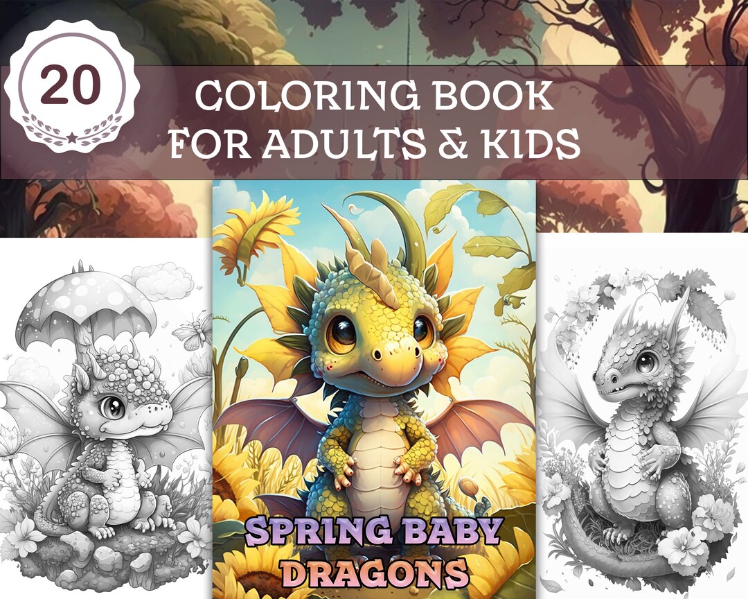 Spring Baby Dragon Coloring Book - 20 Grayscale Coloring Pages of Cute ...