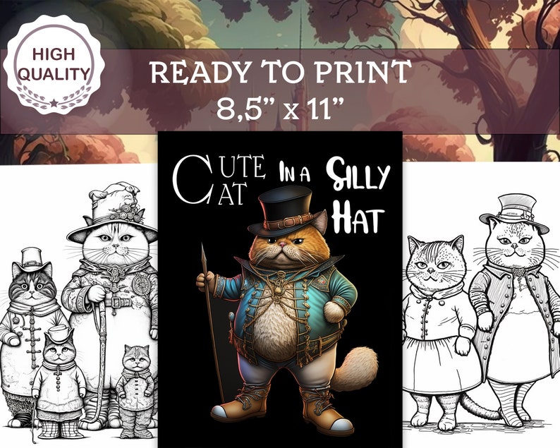 Cute Cats in Silly Hats Coloring Book - 30 Fairy Tale Grayscale ...