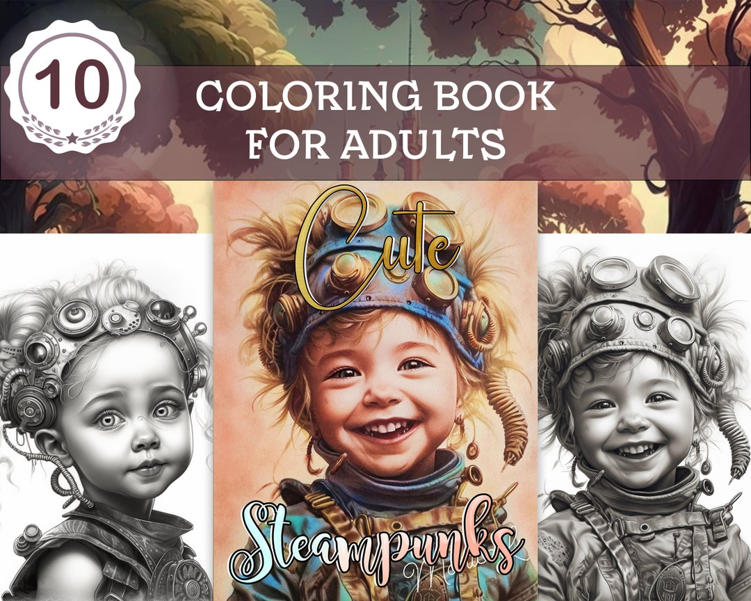 Cute Steampunk Kids Portrait Coloring Book for Adults 10 Grayscale ...