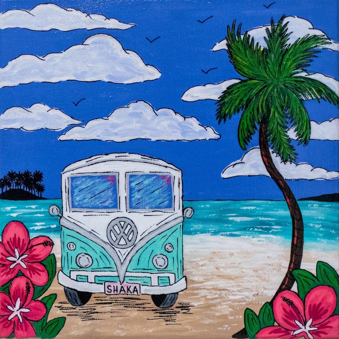 Tropical Beach Van Print: Vintage VW Bus Art (10"x10") - Etsy