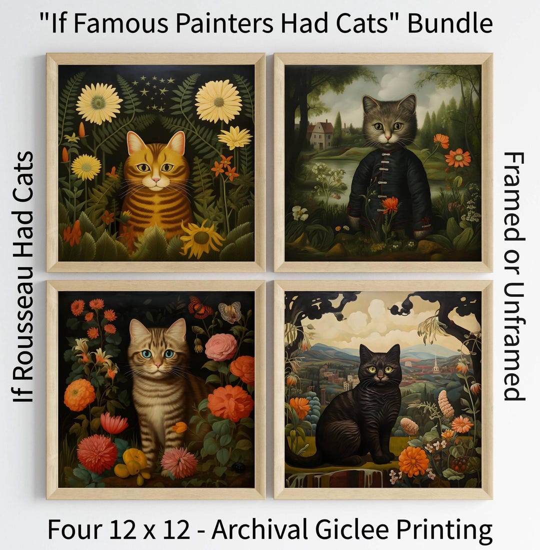 Rousseau Cat Wall Art Prints | Primitive Cat Portrait Bundle | Jungle ...