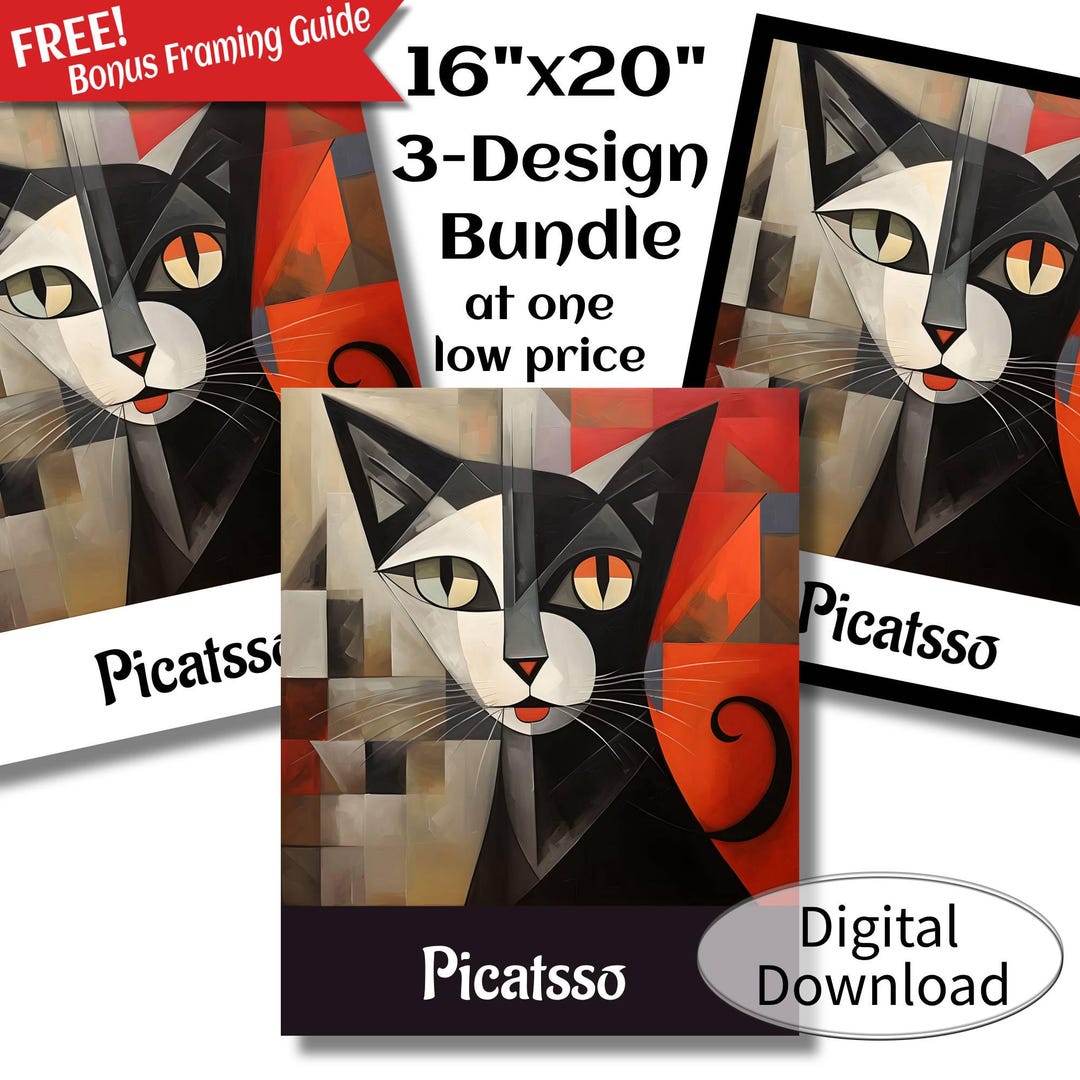 Famous Painters Cat Wall Art Bundle | Picasso Style Cat Poster Set | 3 ...