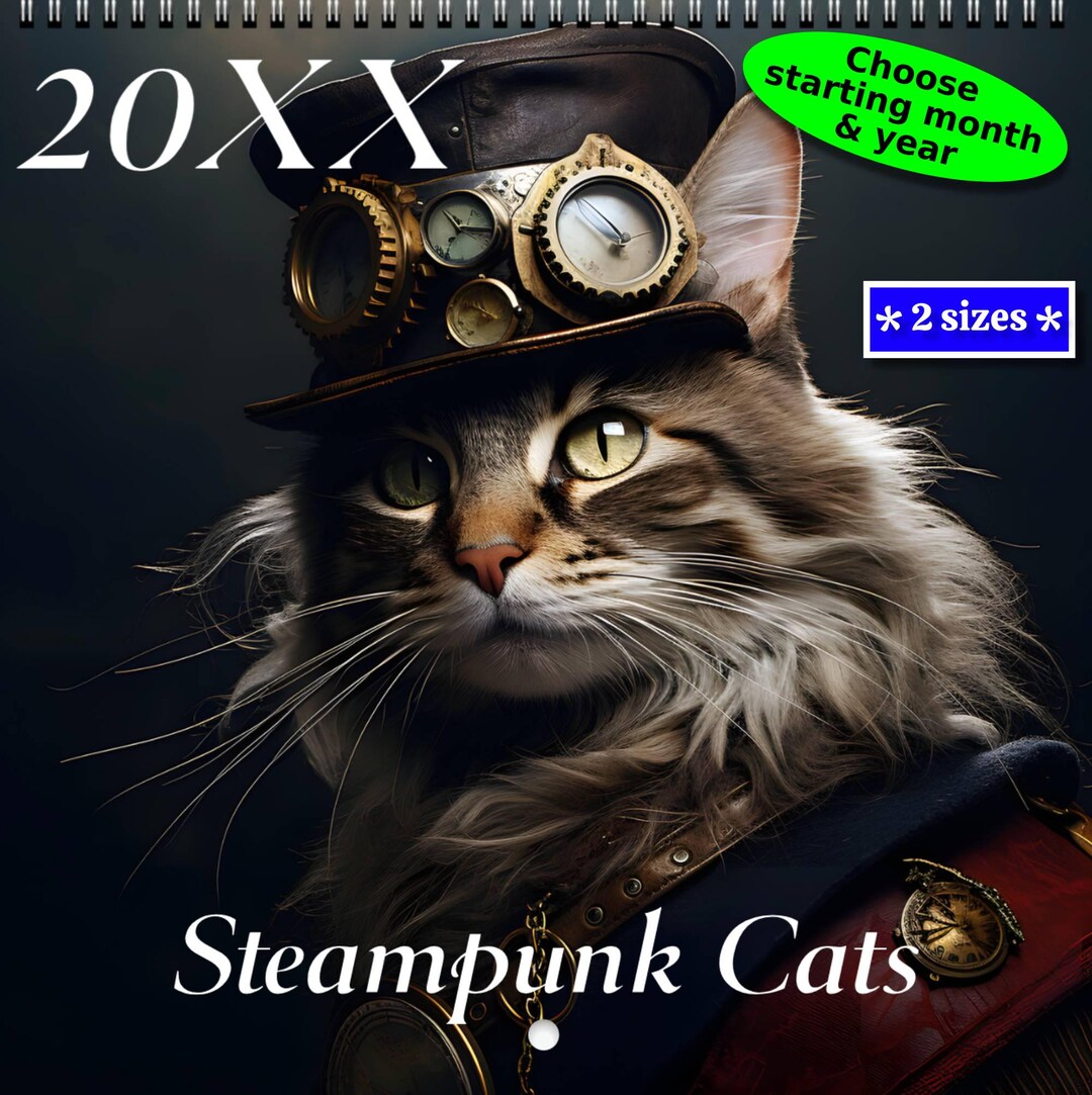 Steampunk Cat Wall Calendar #1 | Victorian Fantasy Feline Art | Top Hat ...