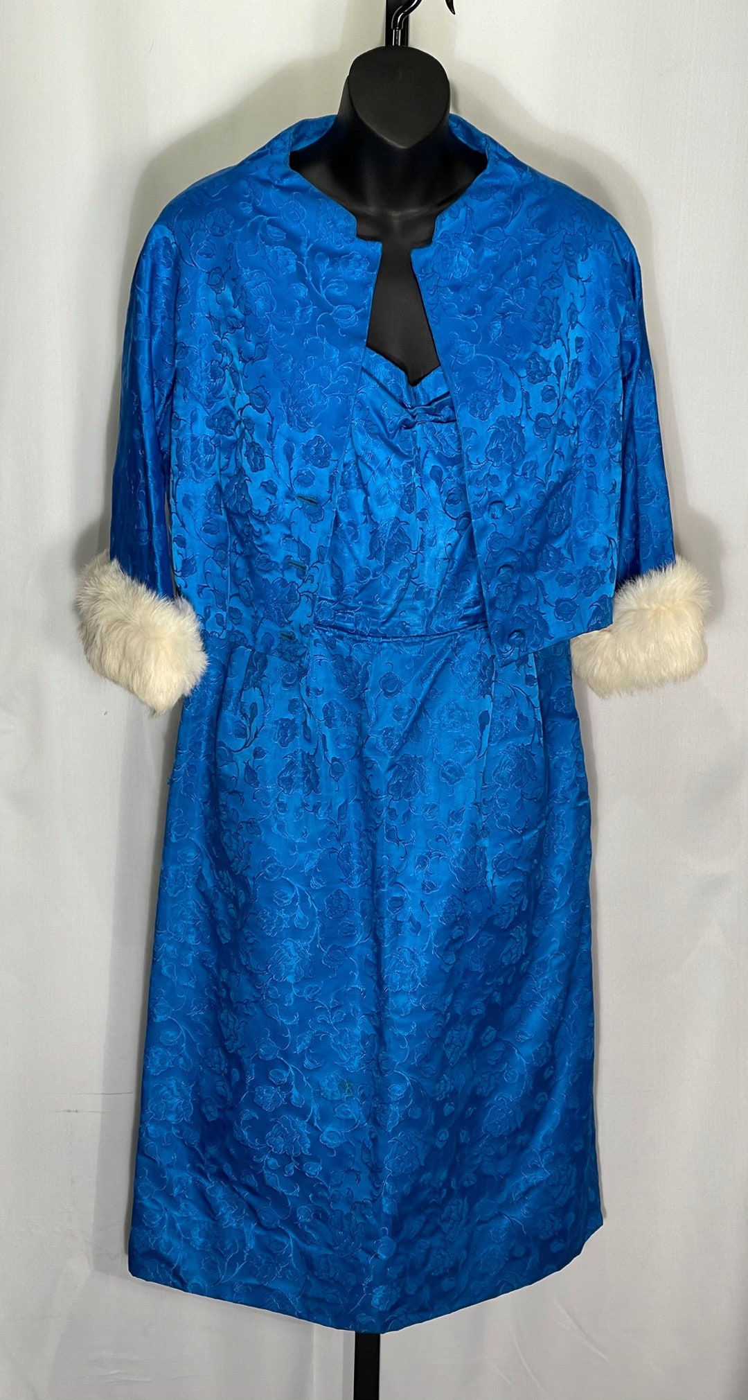 Handmade 1960's Blue Brocade Dress and Jacket With Rabbit Trim - Etsy