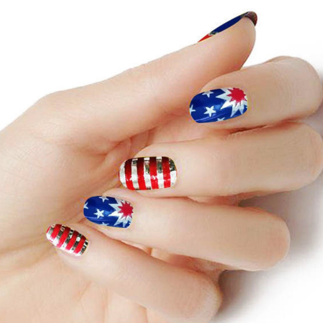 Red White Blue Firecracker Real Nail Strips Polish Wraps M53 Street Art ...
