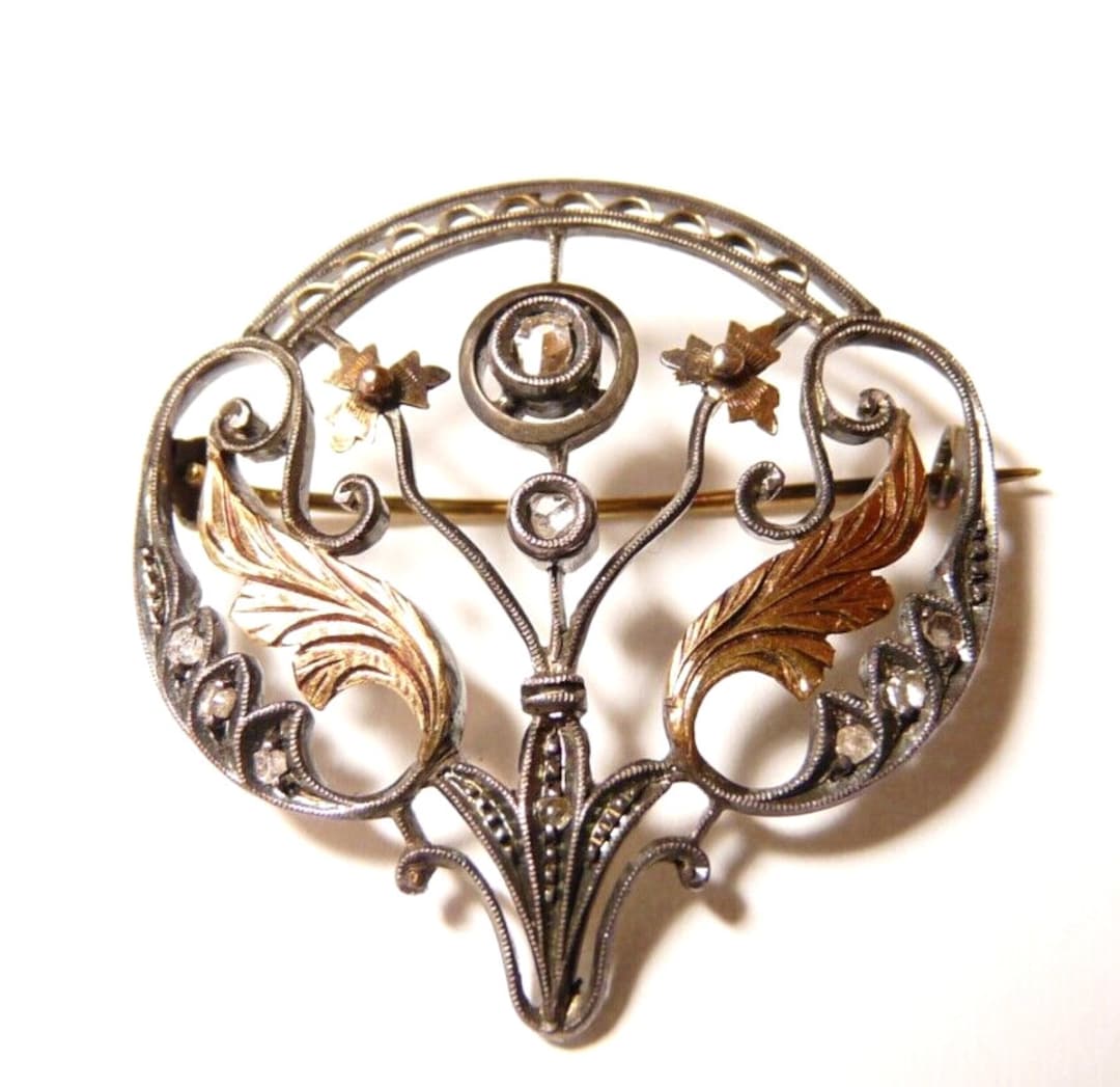 Vintage 1910s Art Nouveau Style Brooch in Solid 9ct Rose Gold and Silver With Netural Diamond ...