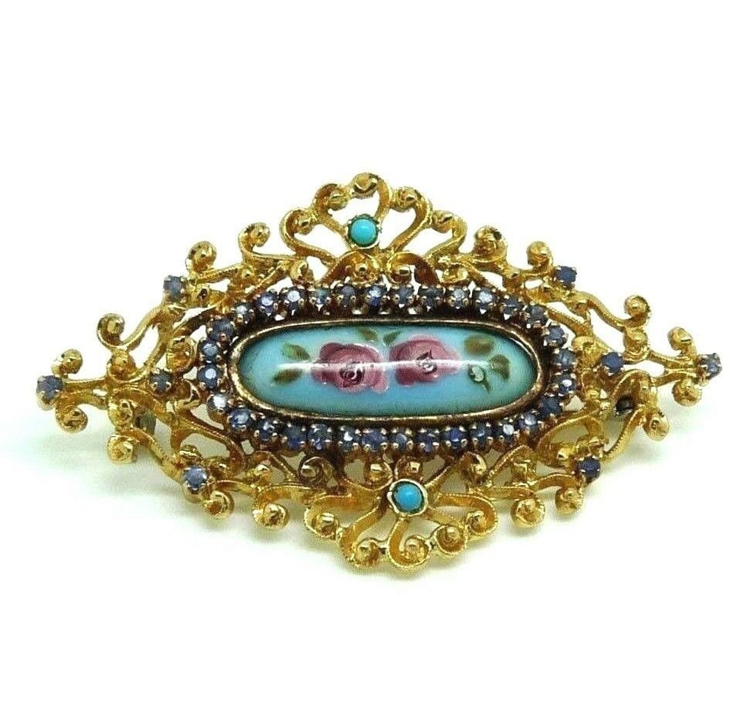 Brooch Dating Back to the 50s in 18 Kt Solid Gold With Natural Sapphires and Vintage Enamels ...