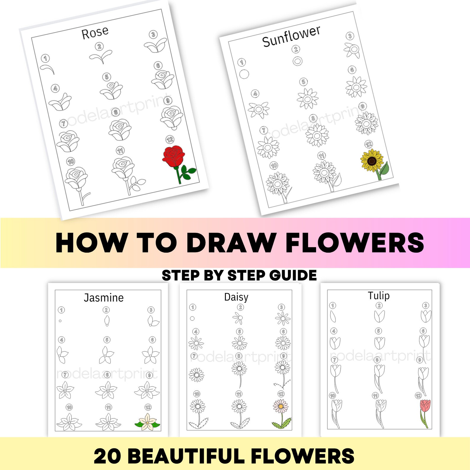 Flower Drawing Guide, Step-by-step Worksheets (digital Download) - Etsy ...