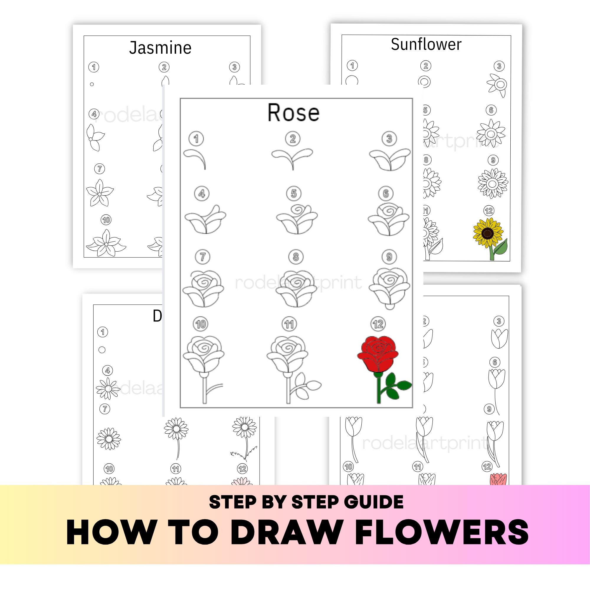 Flower Drawing Guide, Step-by-step Worksheets (digital Download) - Etsy ...