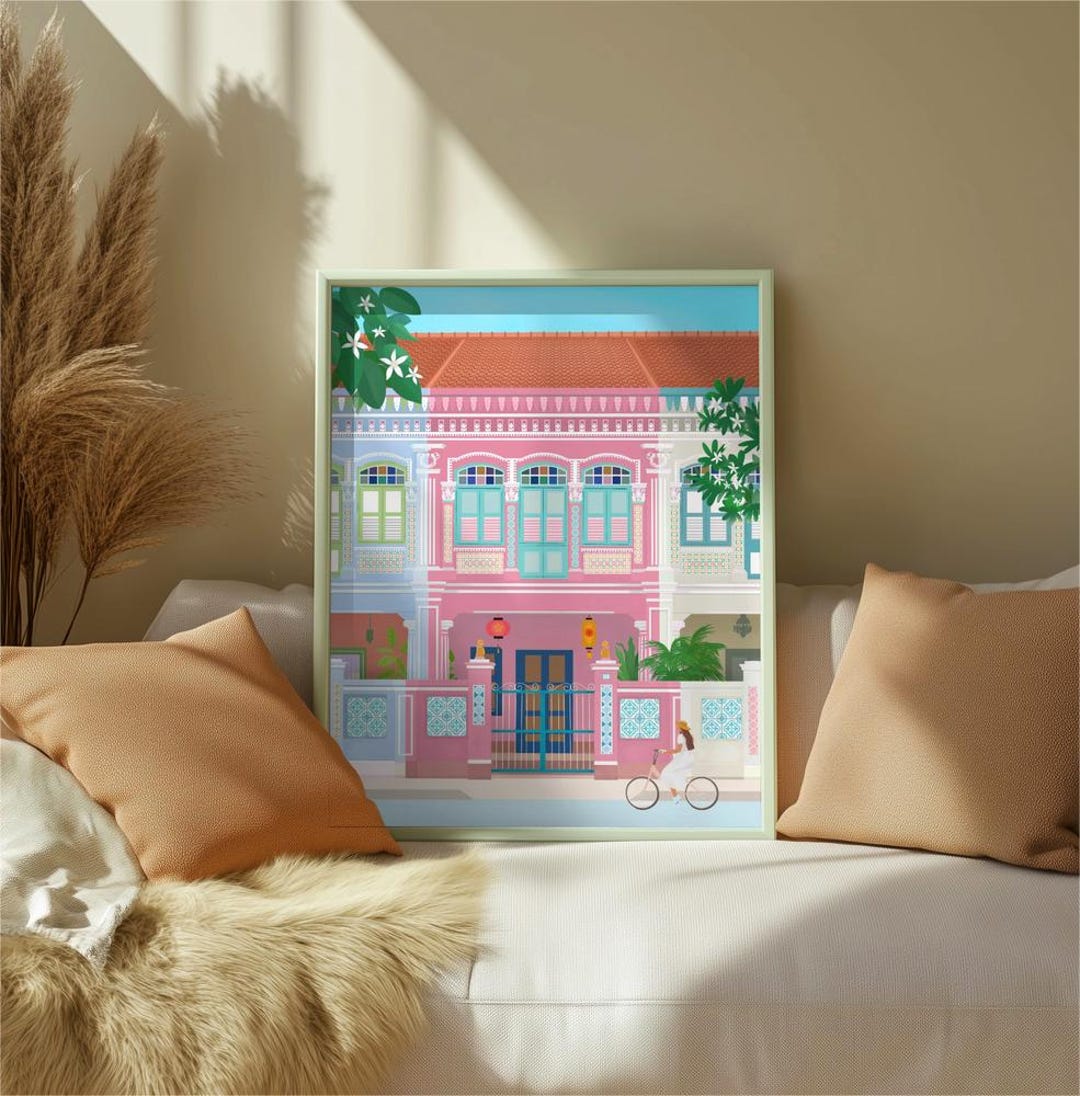 Singapore Art Print: Peranakan Shophouses Illustration, Asia Travel ...