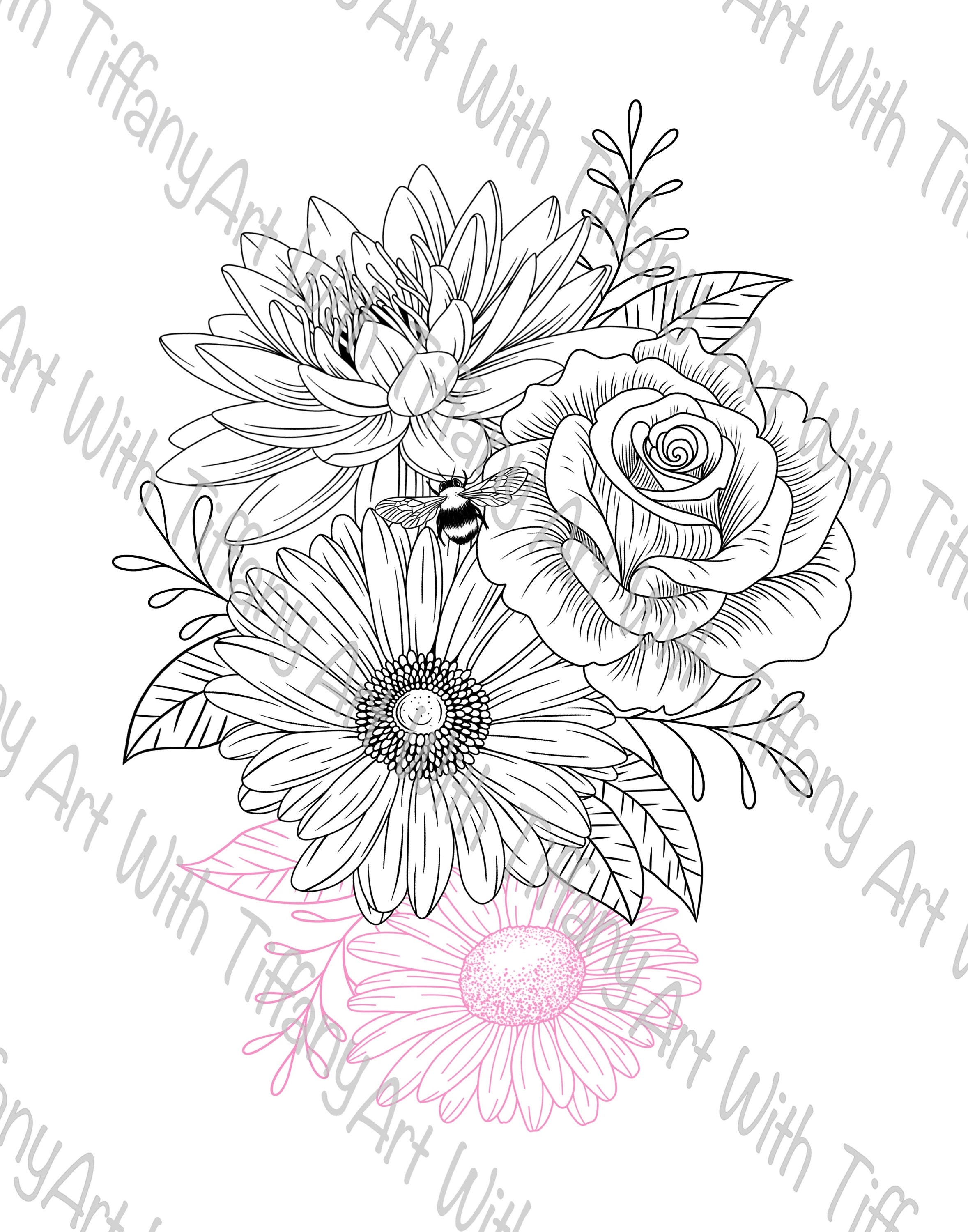 CUSTOM DIGITAL FILE Water Lily Rose Aster Flowers With Bee and Pisces ...