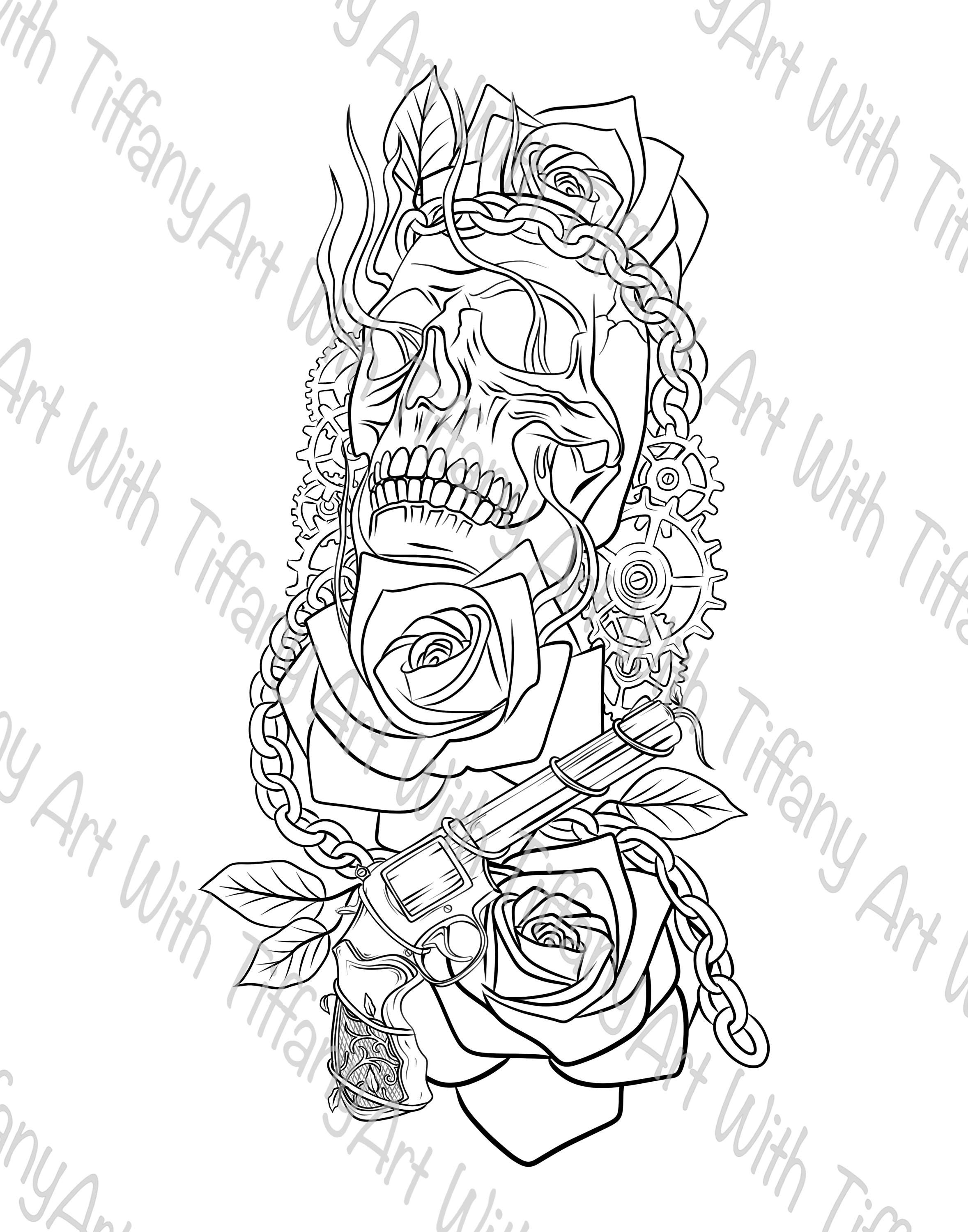 CUSTOM DIGITAL FILE: Skull Chains Roses Gun Revolver With Gears Tattoo ...