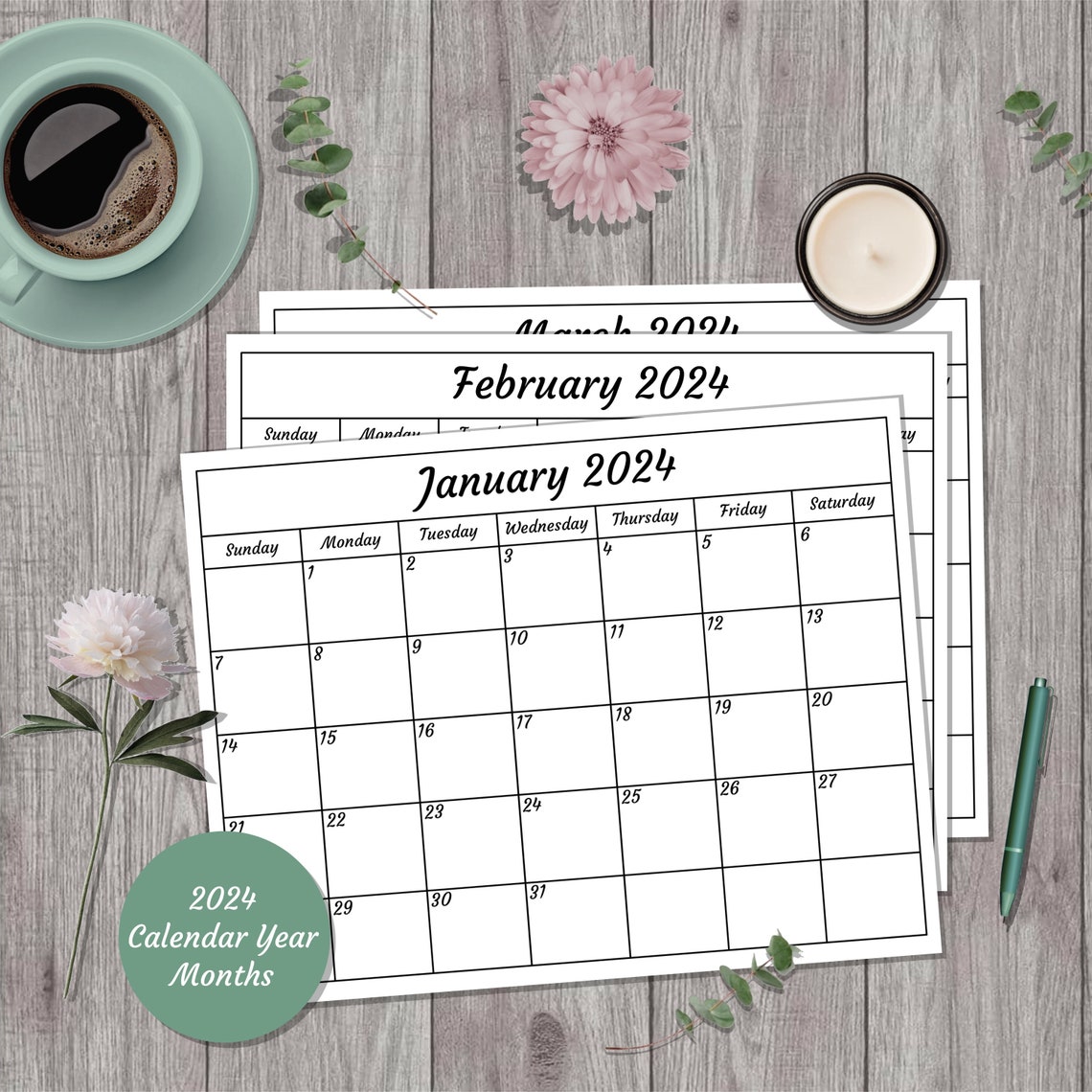 DIGITAL FILE: 2024 Calendar Year Months Monthly Weekly Daily ...