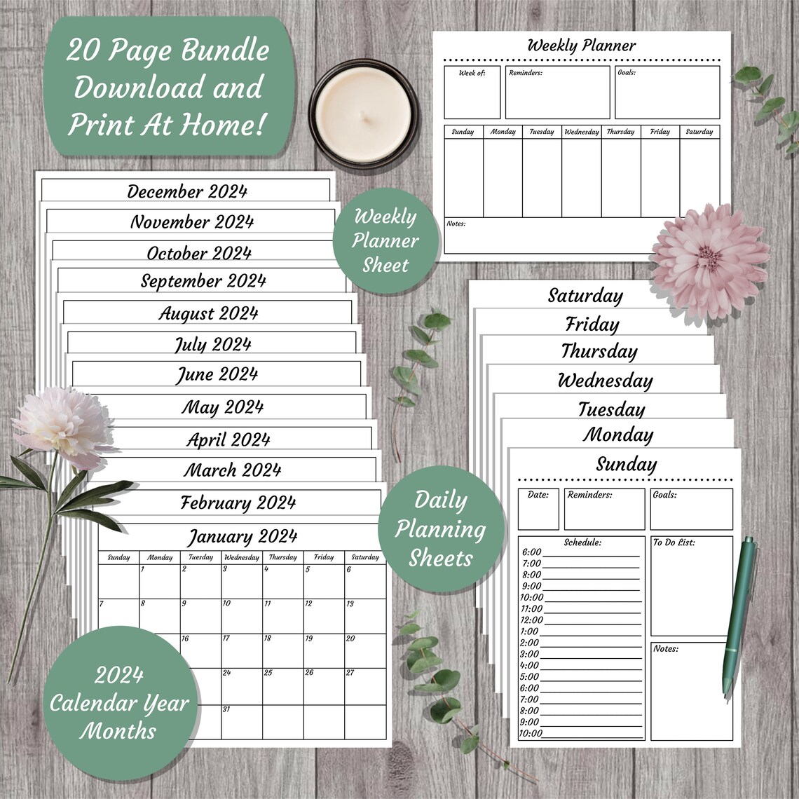 DIGITAL FILE: 2024 Calendar Year Months Monthly Weekly Daily ...