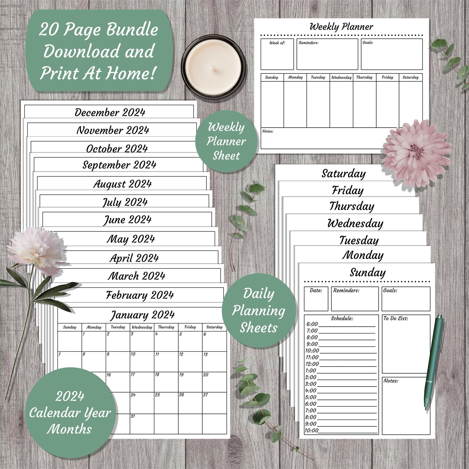 DIGITAL FILE: 2024 Calendar Year Months Monthly Weekly Daily ...