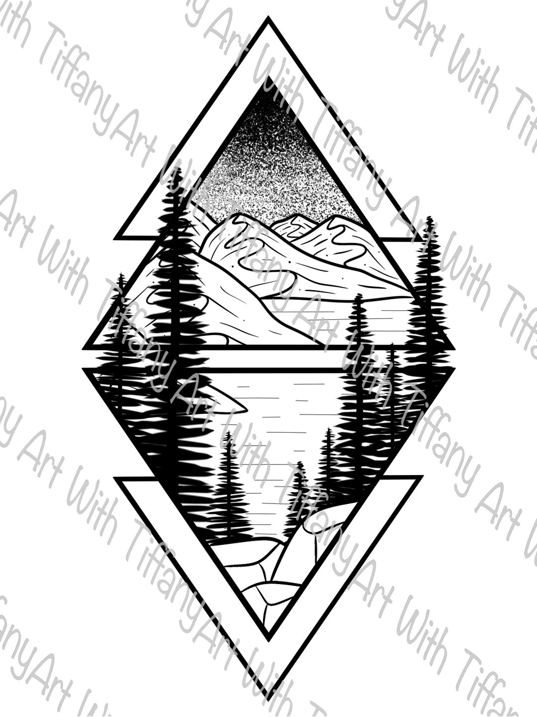 DIGITAL FILE: Geometric Mountains With Lake and Pine Trees Triangle ...
