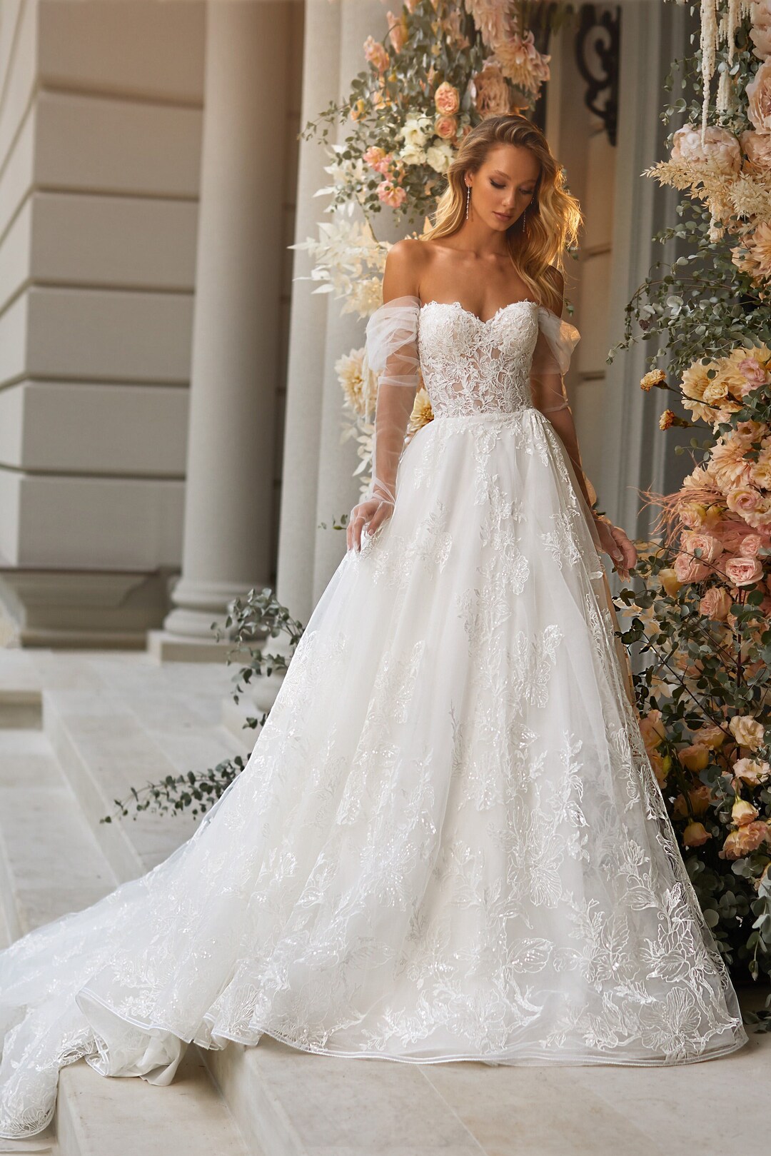 Long Sleeve Off-the-shoulder Sexy A-line Wedding Dress , Vintage ...